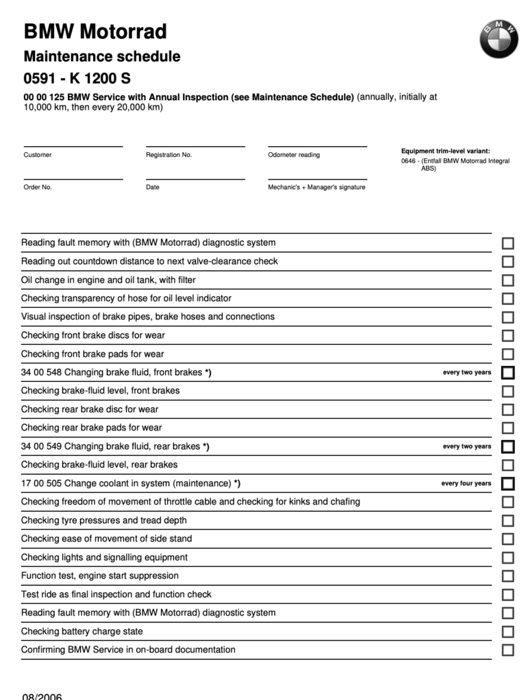 BMW K 1200 S (2004-2006) Maintenance Schedule